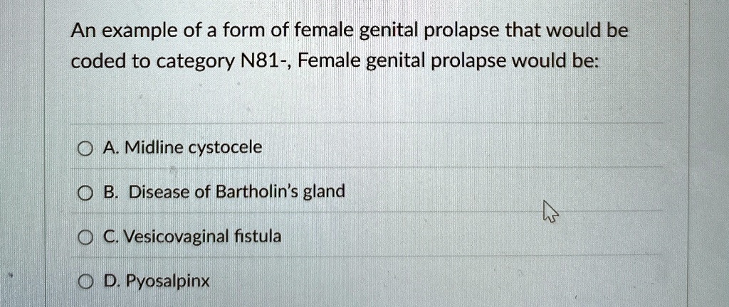 an example of a form of female genital prolapse that would be coded to ...