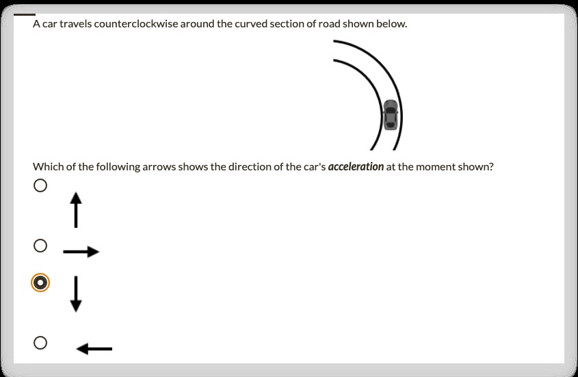 A car travels counterclockwise around the curved section of road shown ...