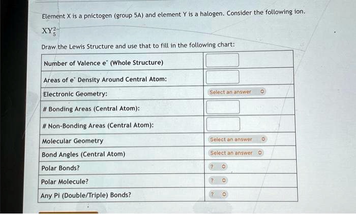 SOLVED: Element X is a pnictogen (group 5A) and element Y is a halogen ...