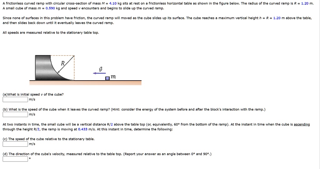A frictionless curved ramp with circular cross-section of mass M = 4.10 kg sits at rest on a ...