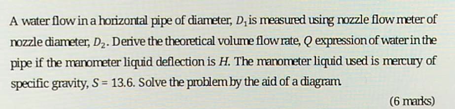 SOLVED: Fluid Engineering The flow of water in a horizontal pipe of ...