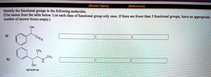 SOLVED: Identify the functional groups in the following molecules. (Use ...