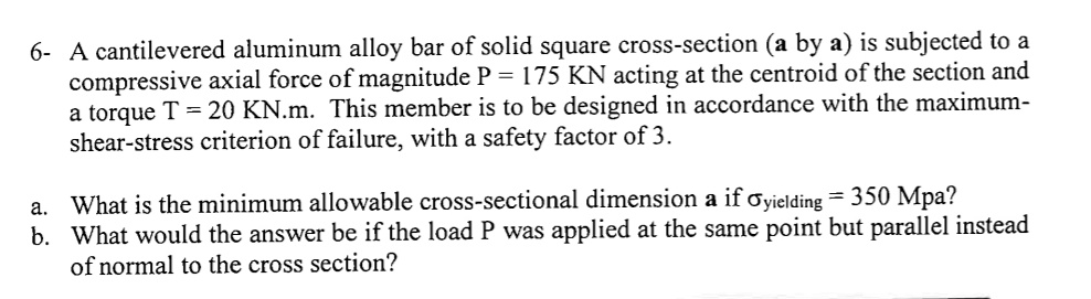 A cantilevered aluminum alloy bar of solid square cross-section (a by a ...