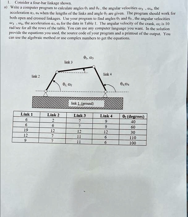 SOLVED: Consider a four-bar linkage shown. Write a computer program to calculate angles and the ...