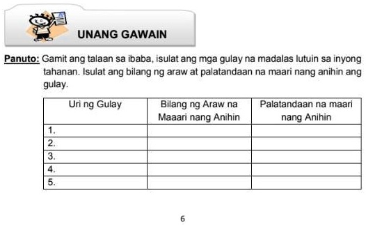 SOLVED: pakigawa po ng exampletapos gagayahin ko thanks po UNANG GAWAIN ...
