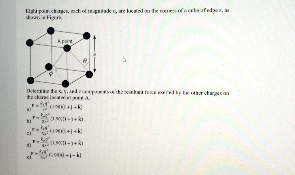Eight point charges, each of magnitude q, are located on the corners of a cube of edge s, as ...
