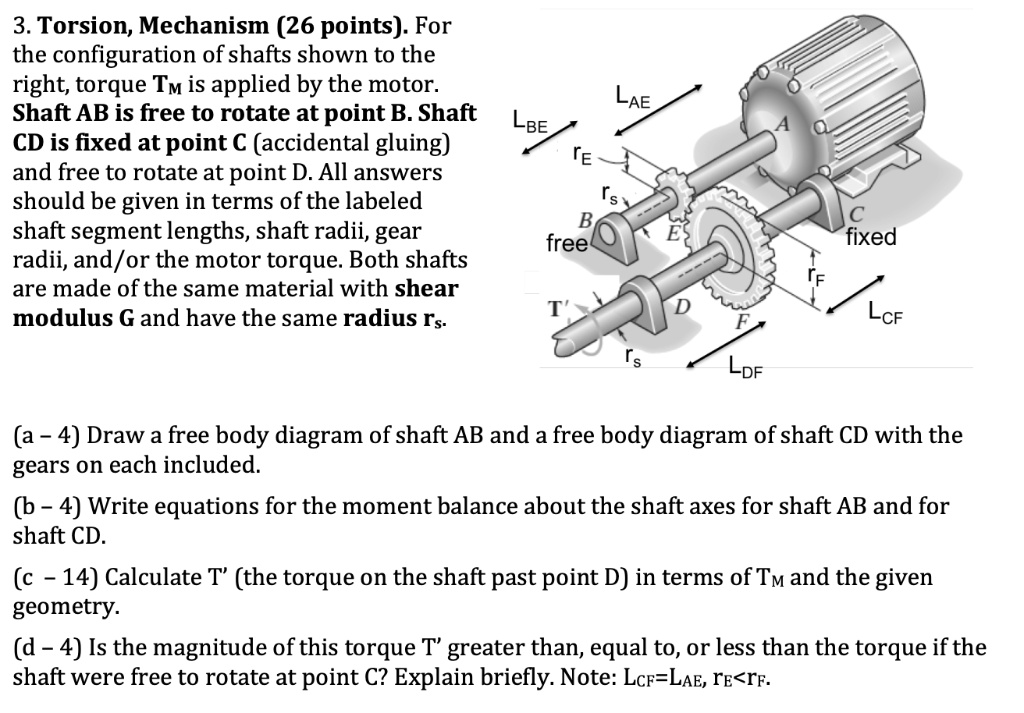 SOLVED: 3. Torsion, Mechanism (26 points). For the configuration of shafts shown to the right ...