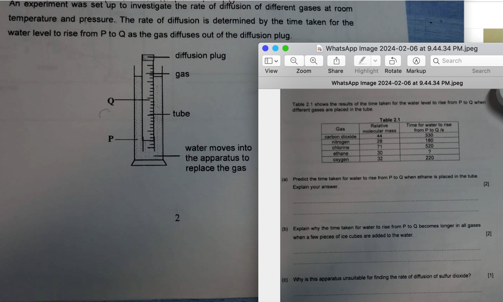 an experiment was set up to investigate the rate of diffusion of ...