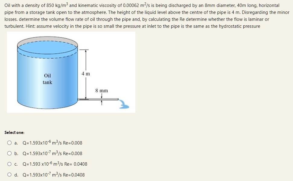 oil with a density of 850 kgm3 and kinematic viscosity of 000062 m2s is ...