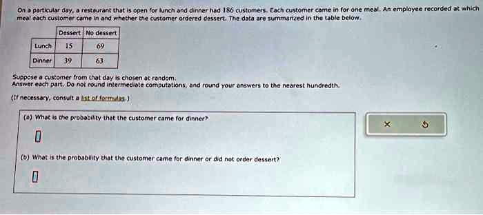 SOLVED: Texts: On a particular day, a restaurant that is open for lunch and dinner had 186 ...