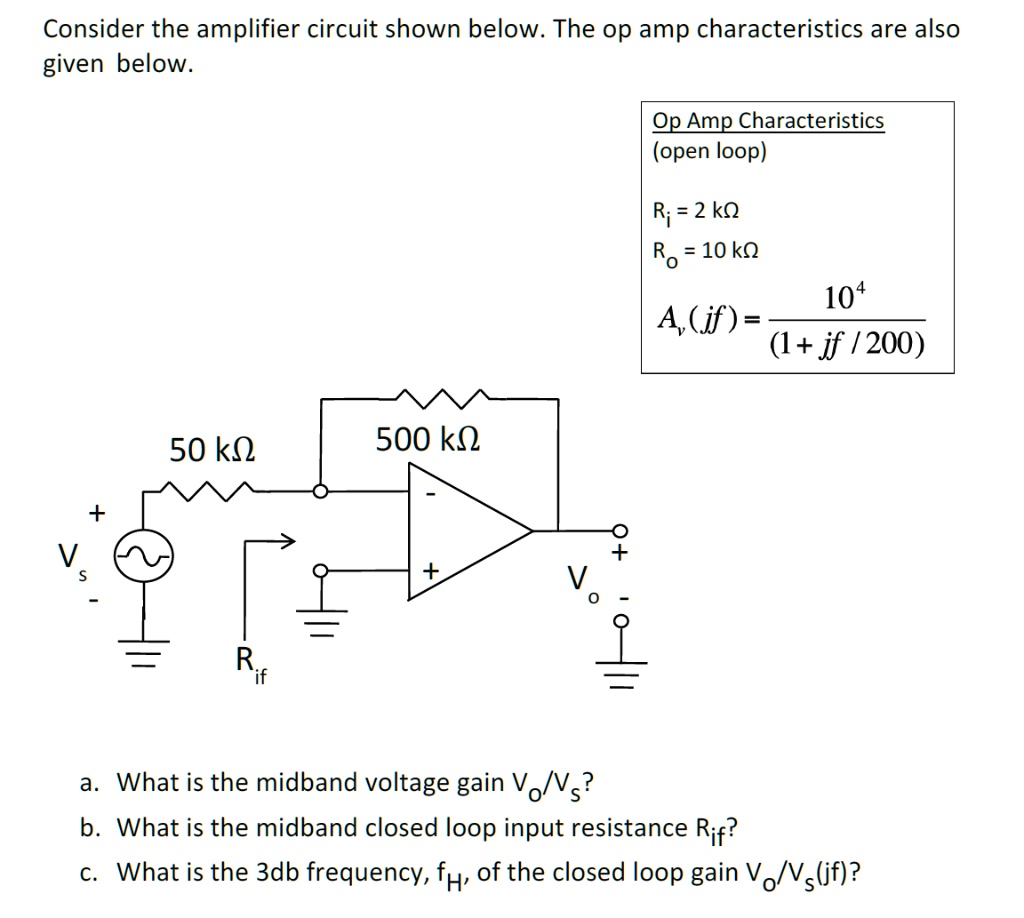 SOLVED: Consider the amplifier circuit shown below. The op amp characteristics are also given ...