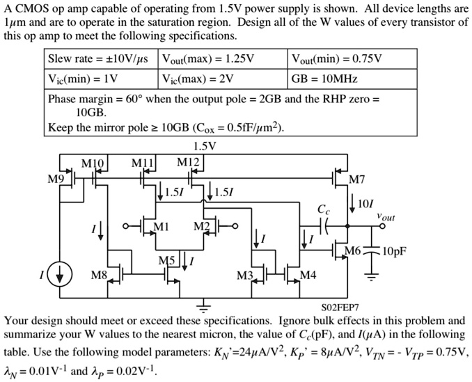 SOLVED: A CMOS op amp capable of operating from a 1.5V power supply is ...