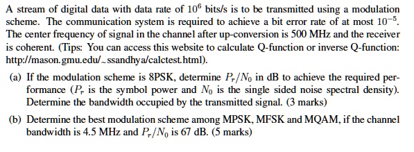 SOLVED: A stream of digital data with data rate of 10 bits/s is to be transmitted using a ...