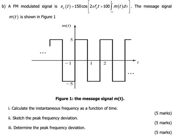 SOLVED: A FM modulated signal is x (t) -150cos| 2xf t 100 j m(t)d: The message signal m(t) is ...