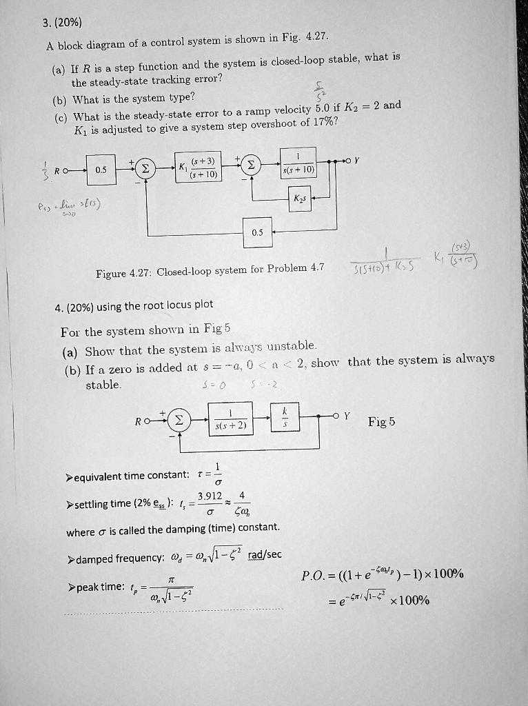 3. (20%) A block diagram of a control system is shown in Fig. 4.27. (a) If R is a step function ...