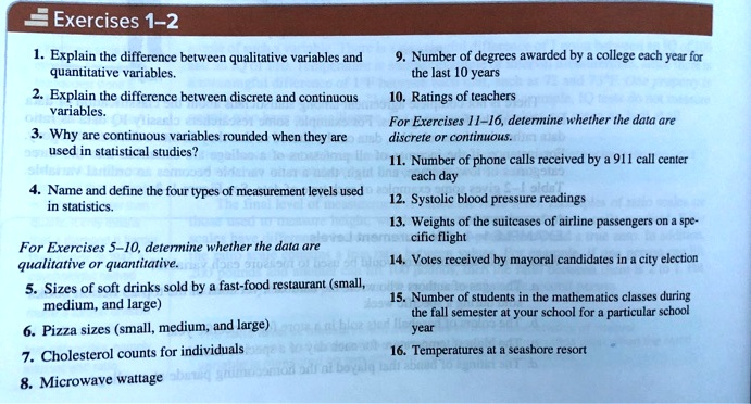 exercises 1 2 explain the difference between qualitative variables and quantitative variables ...