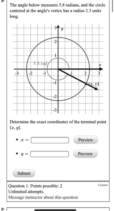 The angle below measures 5.8 radians. and the circle centered at the ...