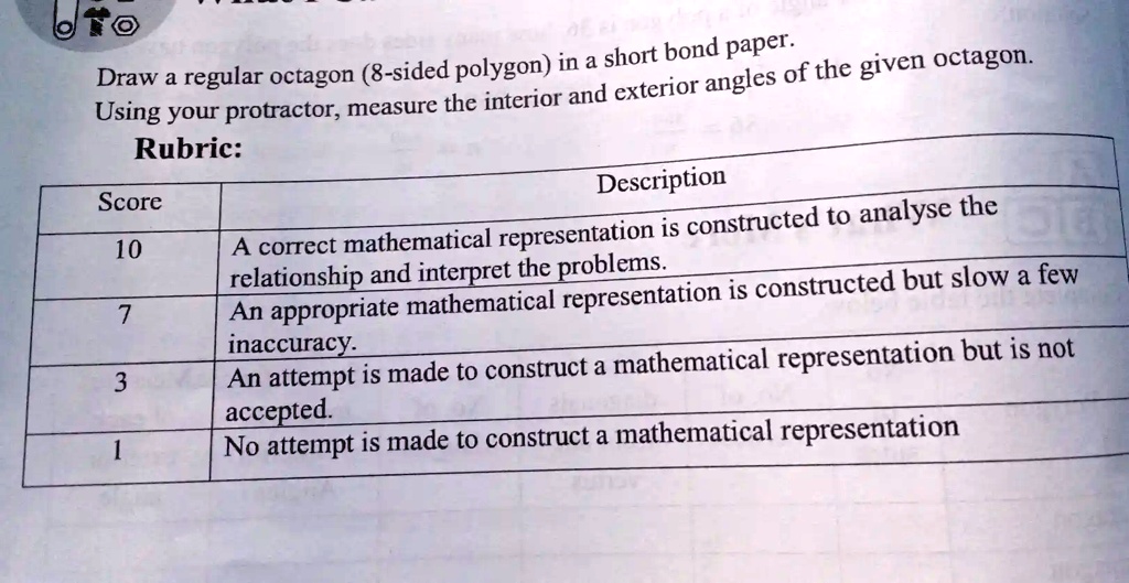 Draw a regular octagon (8-sided polygon) in a short bond paper. Using ...