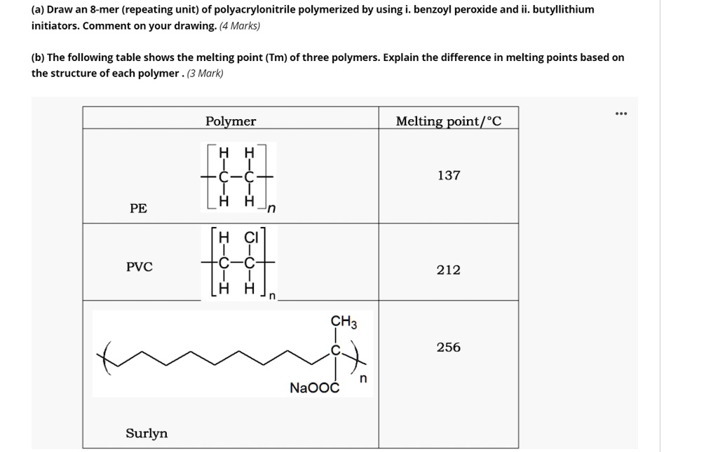 a draw an 8 mer repeating unit of polyacrylonitrile polymerized by ...