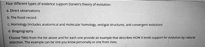 SOLVED: Four different types of evidence support Darwin's theory of ...