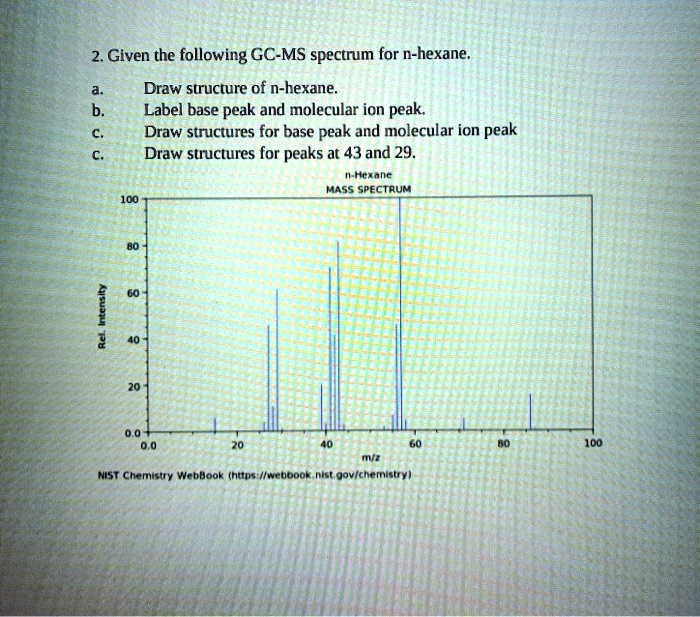 2 given the following gc ms spectrum for n hexane draw structure of n hexane label base peak and ...
