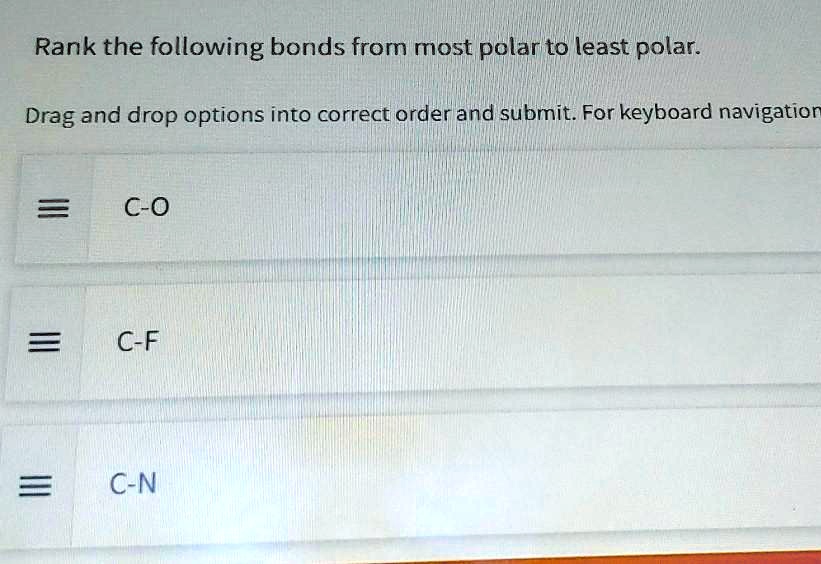 SOLVED: Rank the following bonds frorn most polar to least polar: Drag and drop options into ...