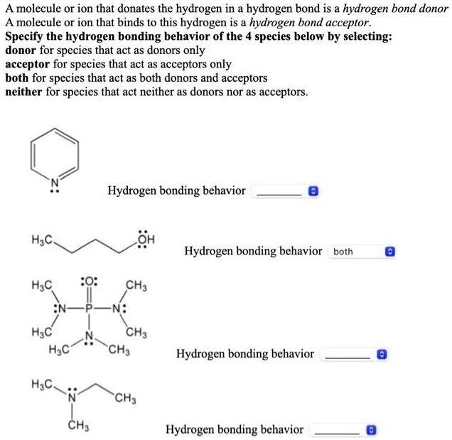a molecule or ion that donates the hydrogen in a hydrogen bond is a ...