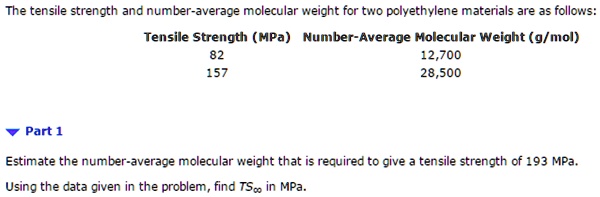 SOLVED: The tensile strength and number-average molecular weight for two polyethylene materials ...