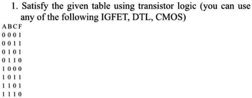 SOLVED: Satisfy the given table using transistor logic (You can use any ...