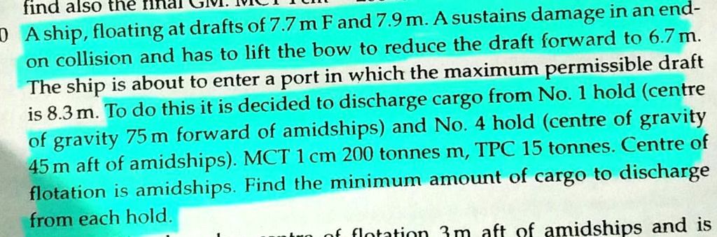 0 A ship, floating at drafts of 7.7 m F and 7.9 m. A sustains damage in ...