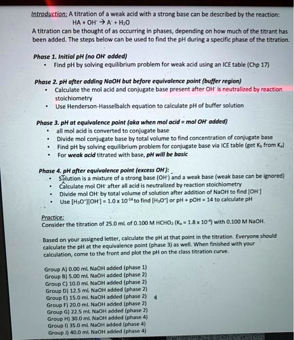 SOLVED: Introduction; A titration of a weak acid with strong base can be described bY the ...