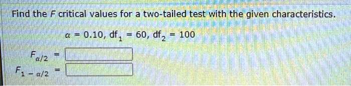 SOLVED:Find the F critical values for a two-tailed test with the given ...