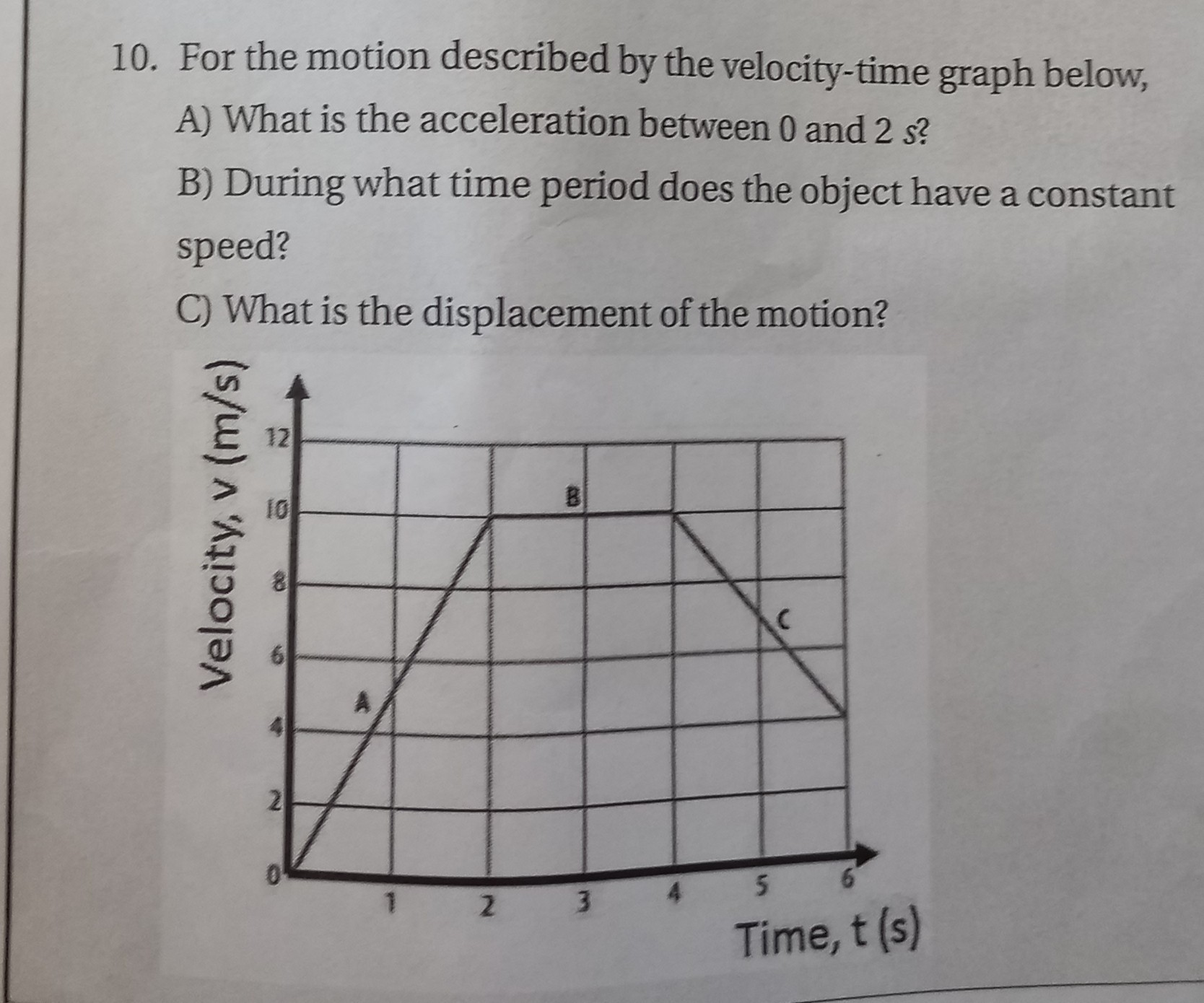 10. For the motion described by the velocity-time graph below, A) What is the acceleration ...