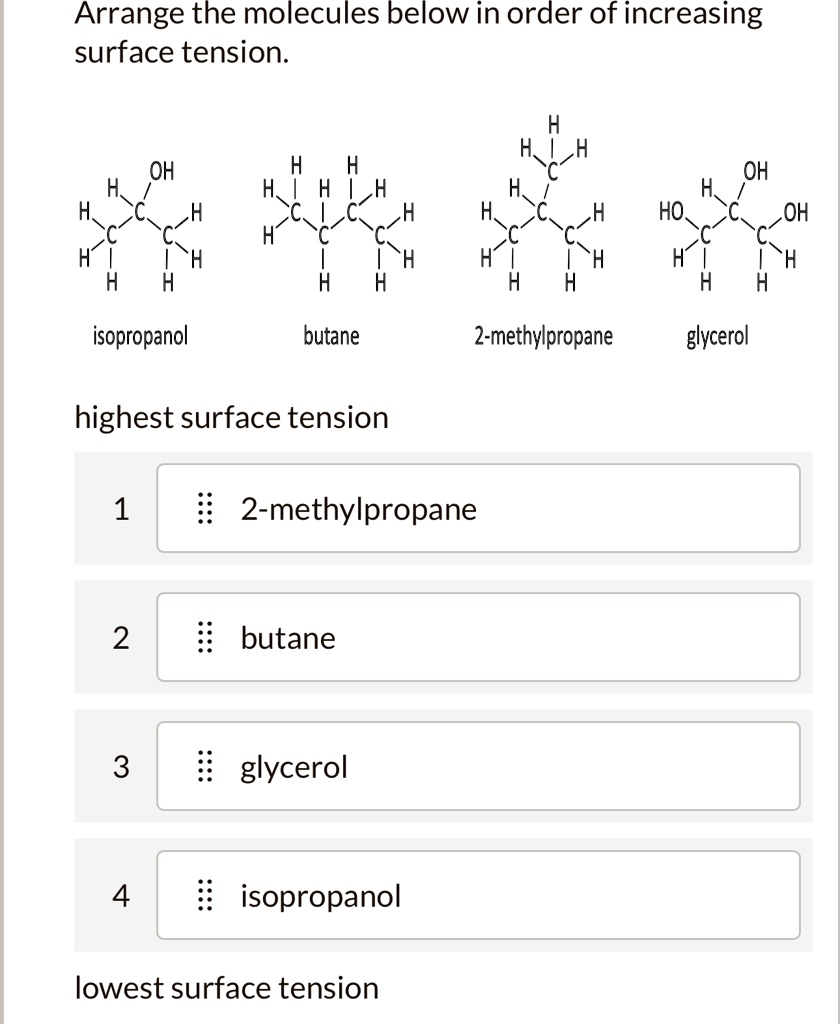 Arrange the molecules below in order of increasing surface tension. highest surface tension 1 2 ...