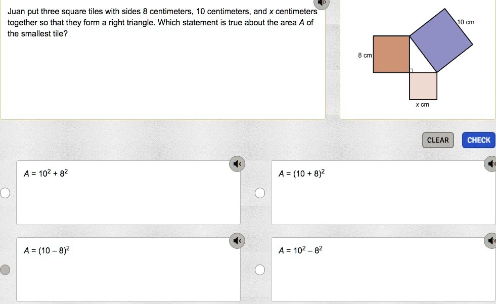 Juan put three square tiles with sides 8 centimeters, 10 centimeters ...