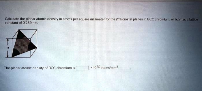 SOLVED: Calculate the planar atomic density in atoms per square millimeter for the (110) crystal ...