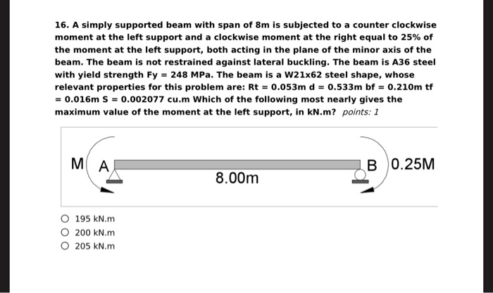 A simply supported beam with a span of 8m is subjected to a counterclockwise moment at the left ...