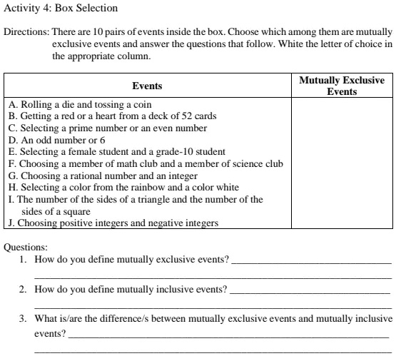 Solved Activity 4 Box Selection Directions There Are 10 Pairs Of