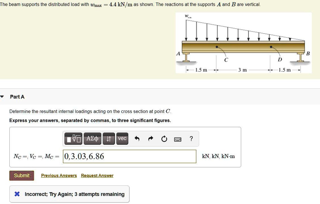 SOLVED: The beam supports the distributed load with W = 4.4 kN/m as shown. The reactions at the ...