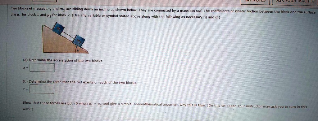 Two blocks masses m1 and m2 are sliding down an incline as shown below: They are connected by a ...