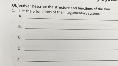 Objective: Describe the structure and functions of the skin 1. List the 5 functions of the ...