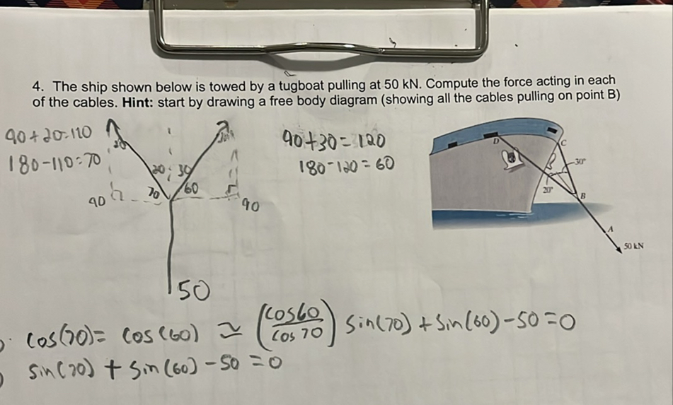 4. The ship shown below is towed by a tugboat pulling at 50 kN ...