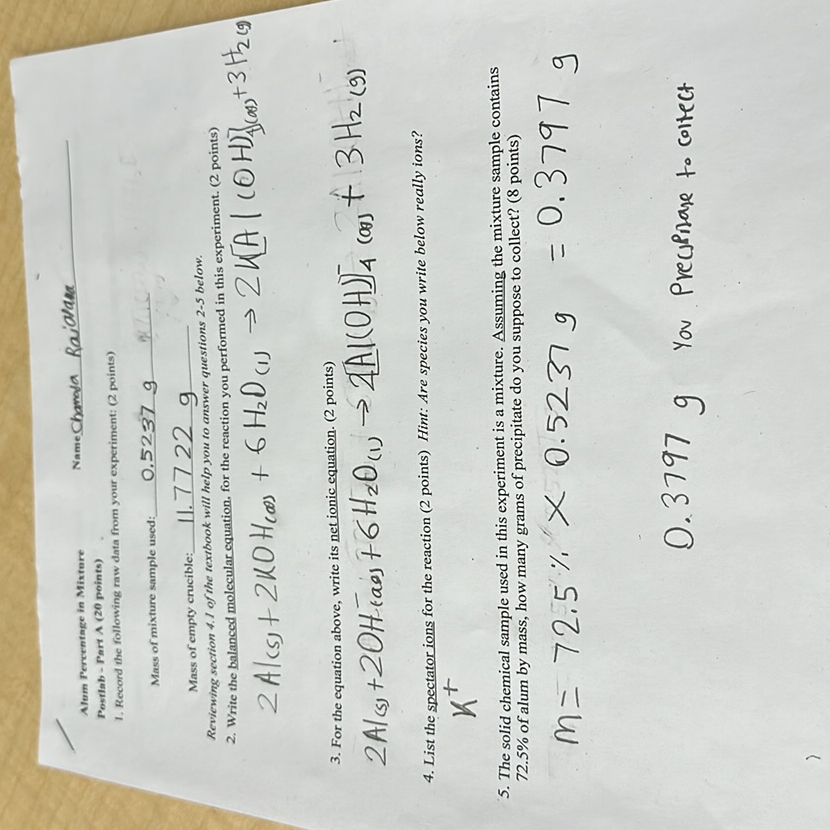 SOLVED: K^+ 5. The solid chemical sumple used in this expcriment is a mixture. Assuming the ...