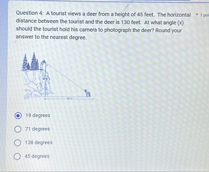 Question 4: A tourist views a deer from a height of 45 feet. The ...