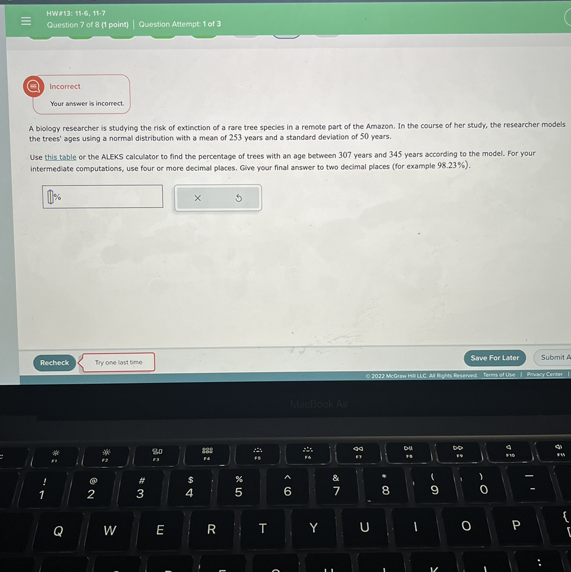 HW# 13: 11-6, 11-7 Question 7 of 8 (1 point) | Question Attempt: 1 of 3 Incorrect Your answer is ...