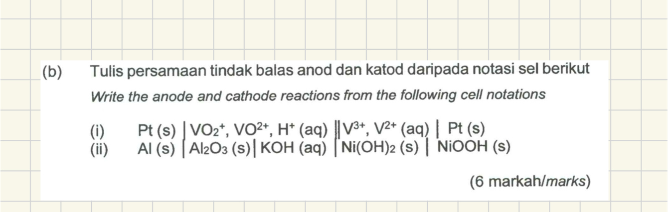 (b) Tulis persamaan tindak balas anod dan katod daripada notasi sel ...