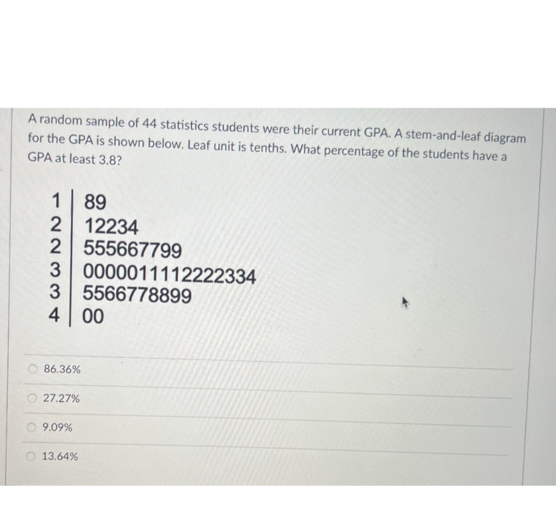 a random sample of 44 statistics students were their current gpa a stem ...