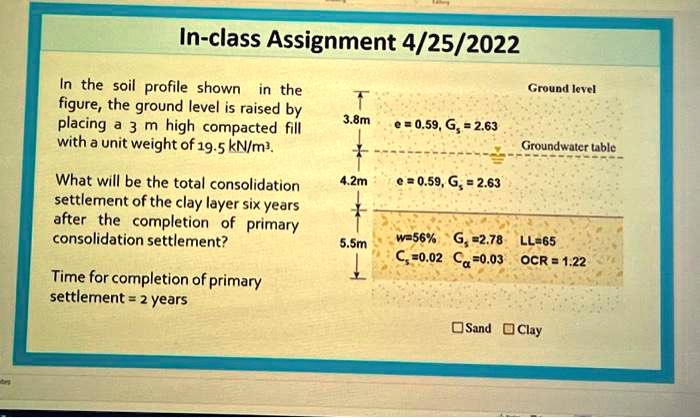 SOLVED: In-class Assignment 4/25/2022 In the soil profile shown in the ...