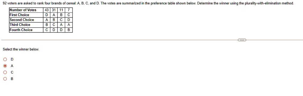 SOLVED: 92 voters are asked to rank four brands of cereal: A, B, C, and ...