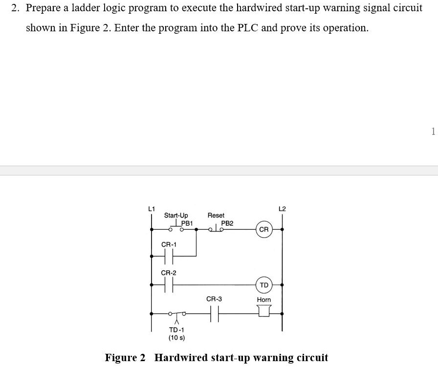 2. Prepare a ladder logic program to execute the hardwired start-up warning signal circuit shown ...